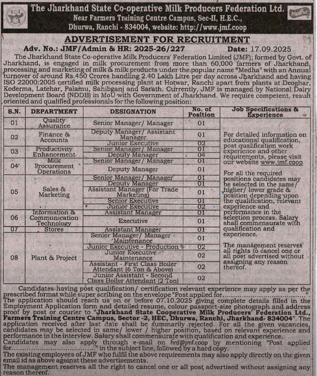 Opening - The Jharkhand State Co-operative Milk Producers Federation Limited (JMF) - foodtechnetwork