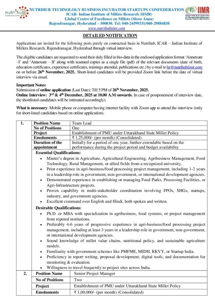 Team leader, Project/Research Manager - Nutrihub, ICAR–IIMR ...